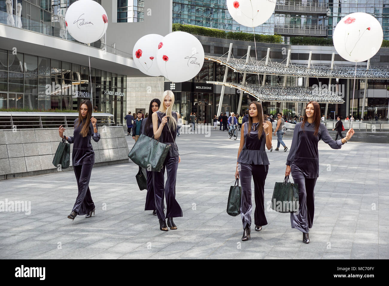 MILAN, ITALY - SEPTEMBER 22, 2017: Fashionable models poses on the ...