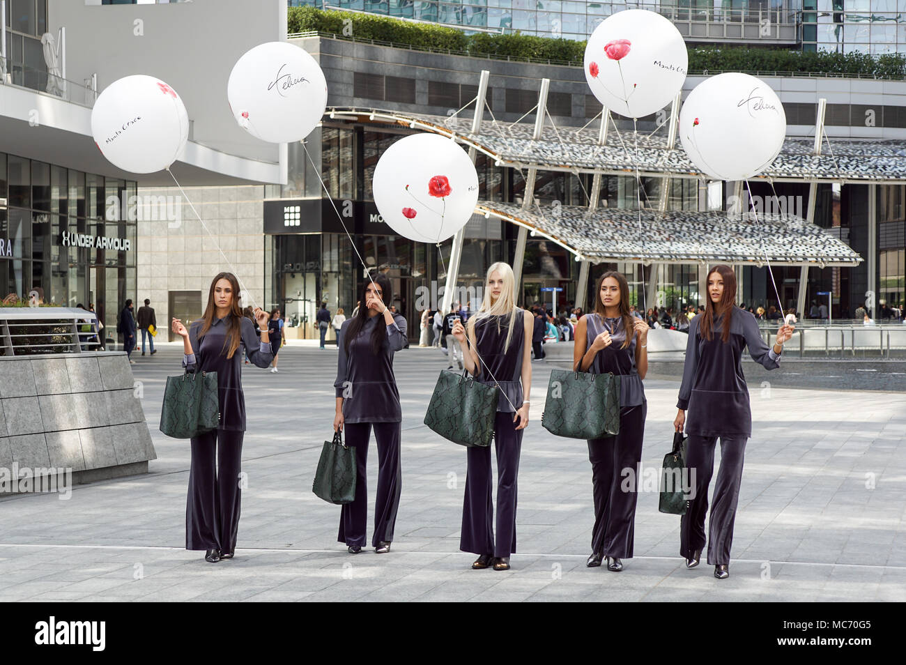 MILAN, ITALY - SEPTEMBER 22, 2017: Fashionable models poses on the ...
