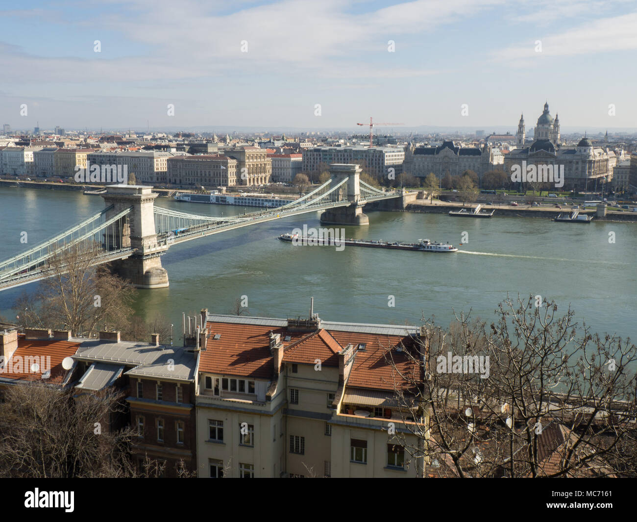 Panoramic view of Szechenyi Chain Bridge over Danube, Budapest, Hungary ...