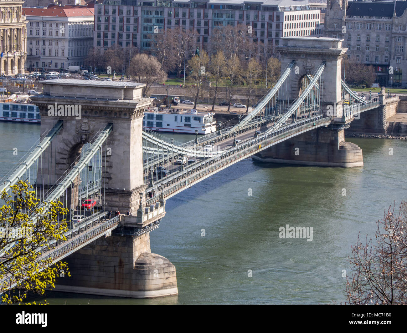 Panoramic view of Szechenyi Chain Bridge over Danube, Budapest, Hungary ...