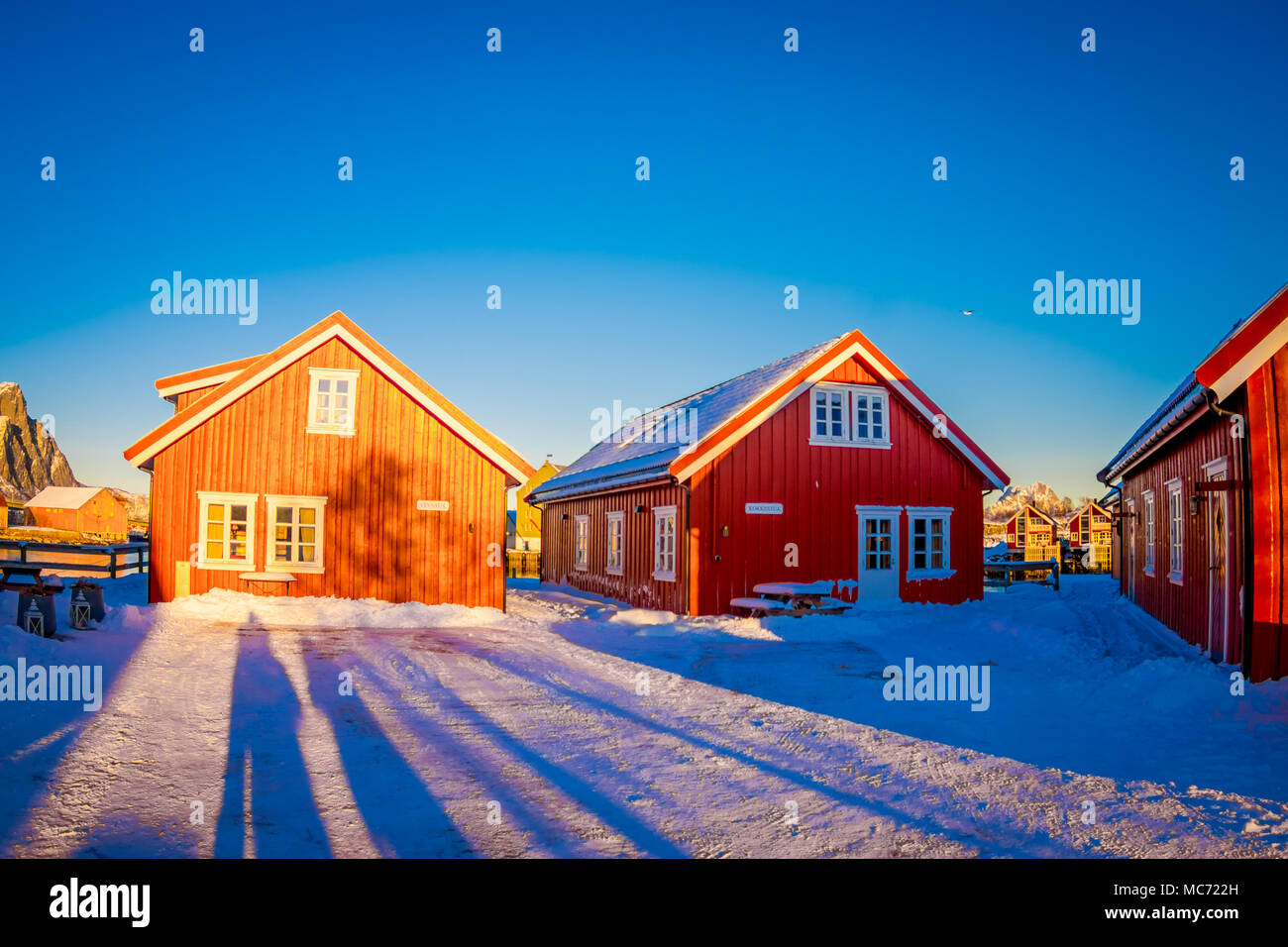 SVOLVAER, LOFOTEN ISLANDS, NORWAY - APRIL 10, 2018: Beautiful rorbu or ...