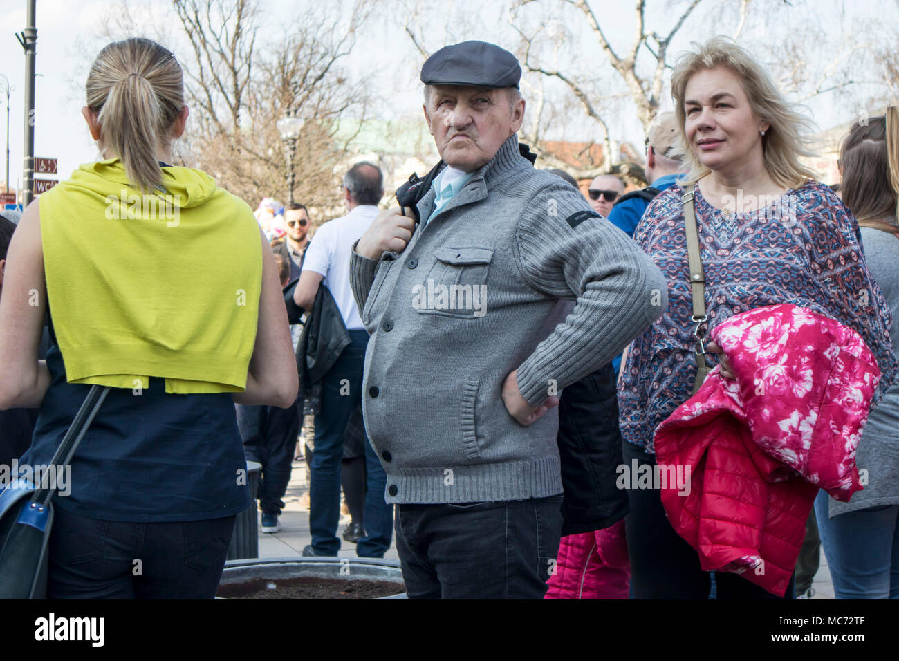WARSAW, POLAND - April 08, 2018 People on the central street of Warsaw ...