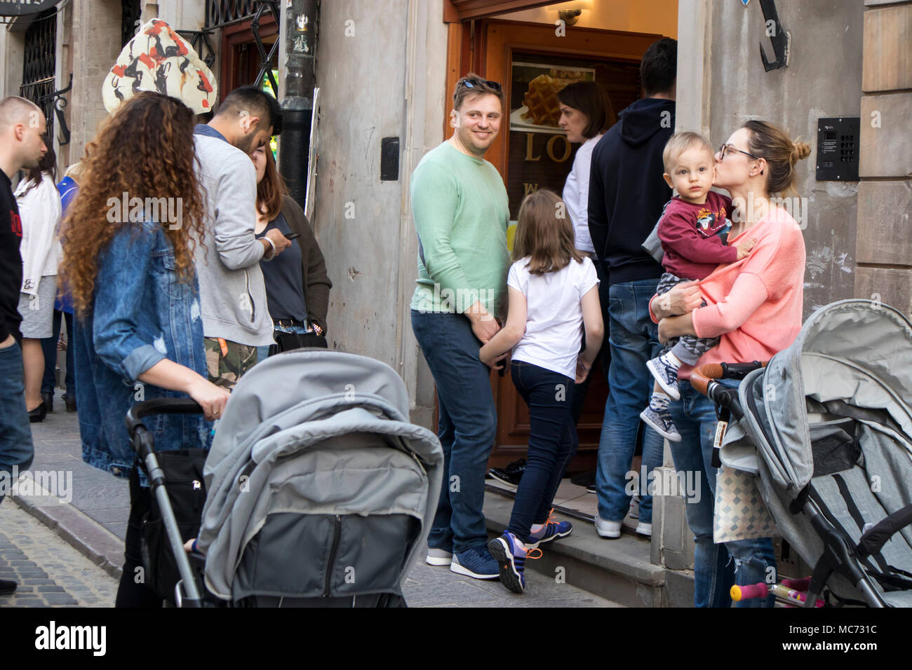 WARSAW, POLAND - April 08, 2018 People on the central street of Warsaw ...