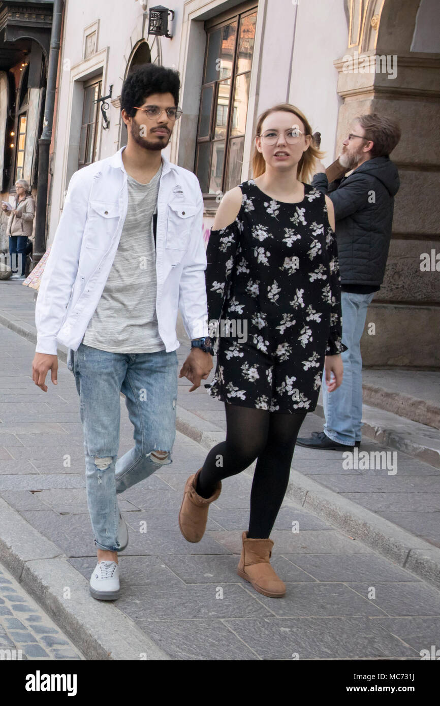 WARSAW, POLAND - April 08, 2018 People on the central street of Warsaw ...