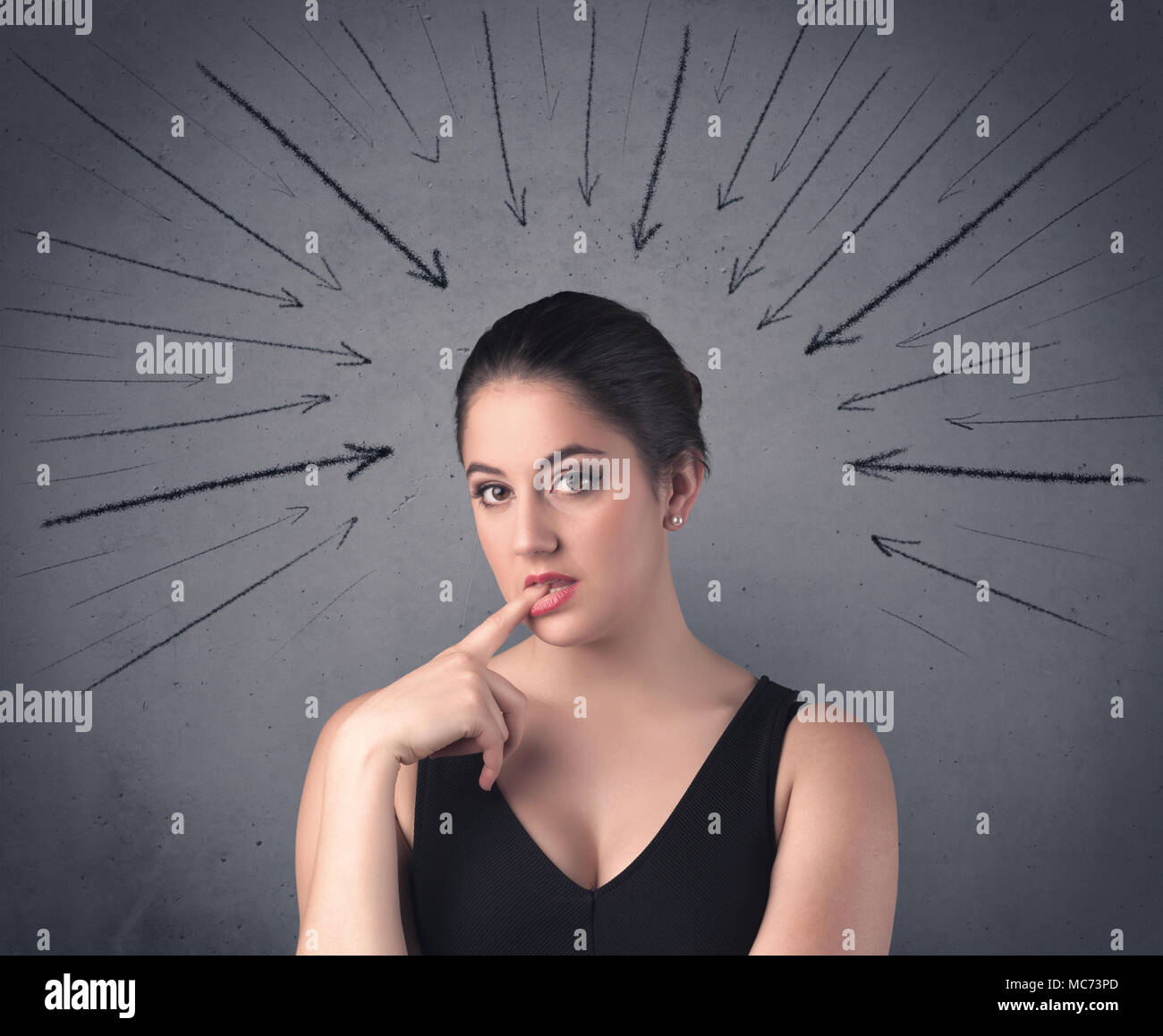 A teenage student girl under pressure while making happy face ...