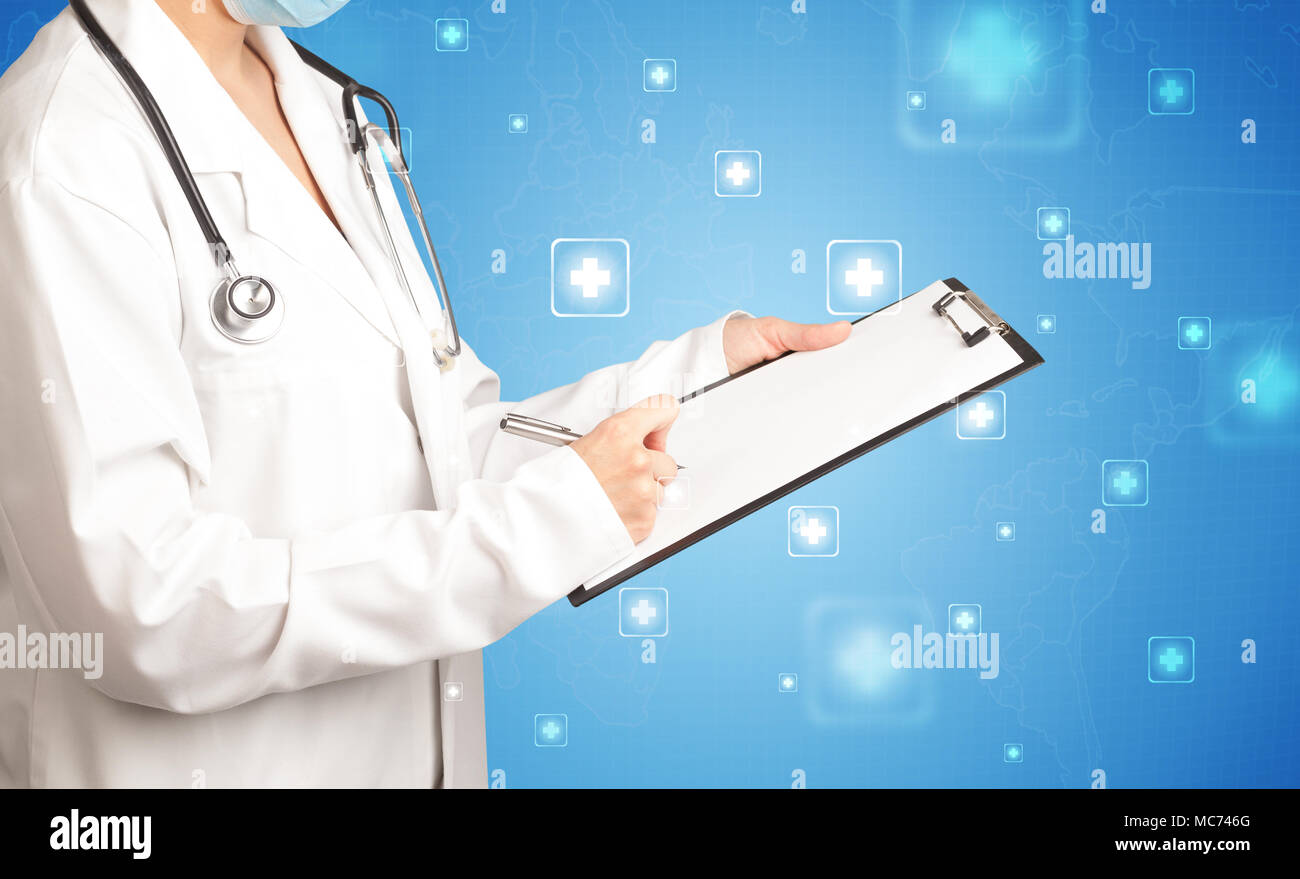Female doctor holding notepad with blue background and crosses Stock ...