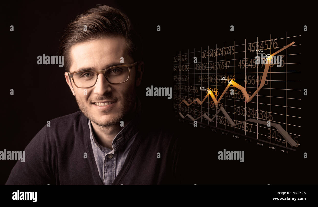 Elegant Businessman with Line Graphs and Statistics Stock Photo - Alamy