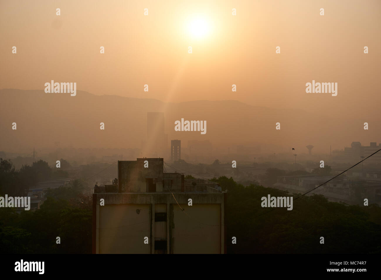 Landscape aerial view of Navi Mumbai in seawoods at evening in sunset ...