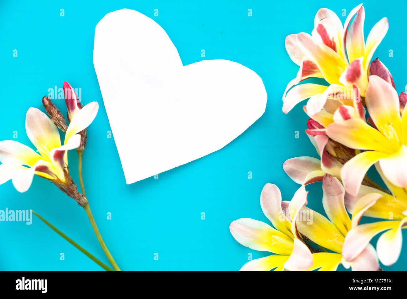 Blank note in shape of heart with copy-spce and flowers, blue surface ...