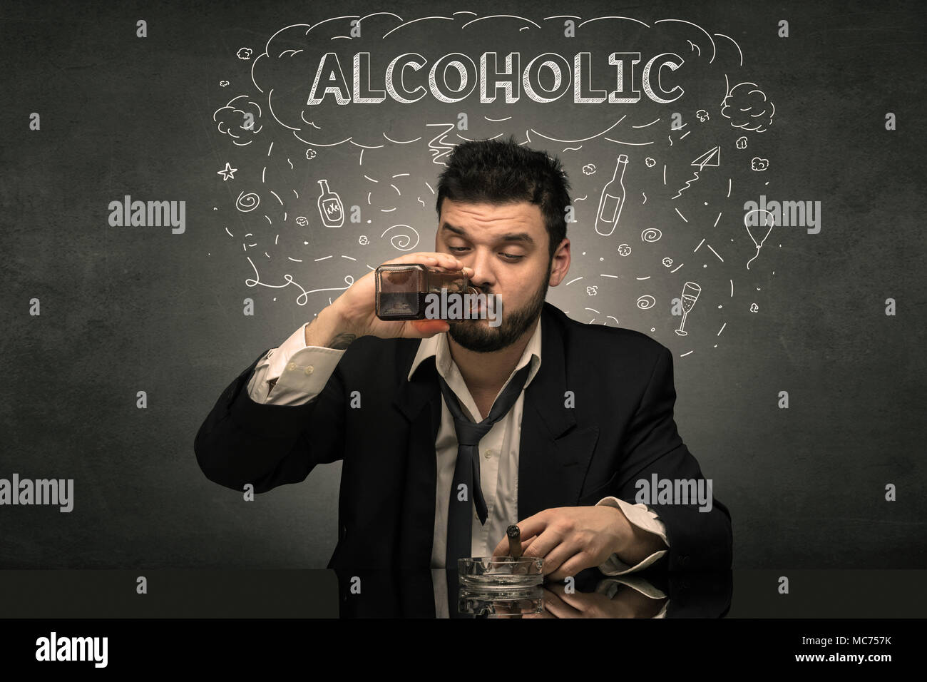 Loser drunk man with drinking, drug, hangover, alcoholic drugs concept ...