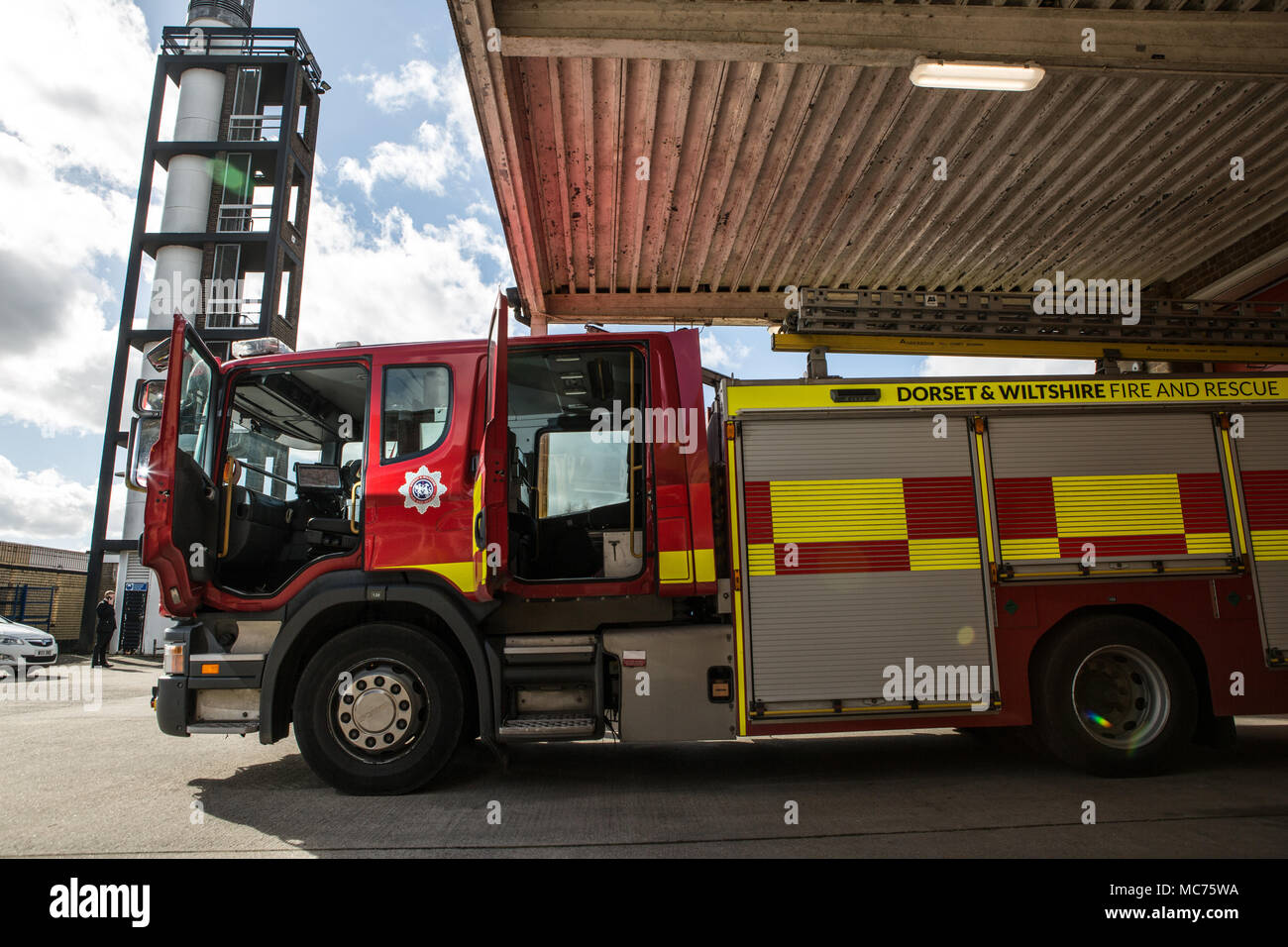 Fire engine in front of Water Tower Salisbury fire station Stock Photo ...