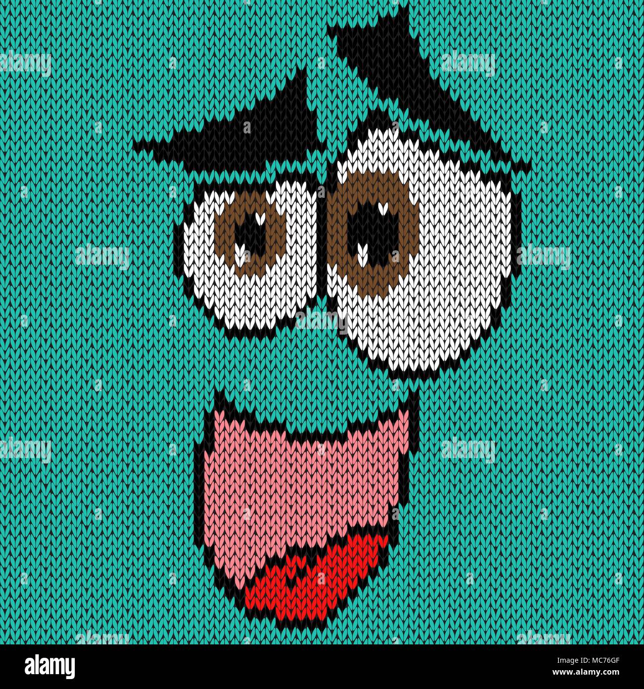 Amusing grimace over turquoise background, knitting vector pattern as a ...