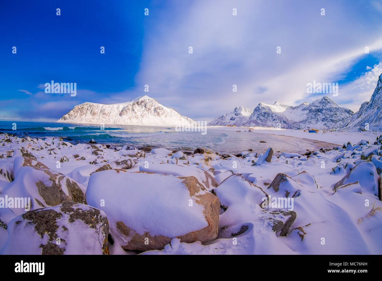 Norwegian winter sunny mountain landscape blue sky view with mountains ...