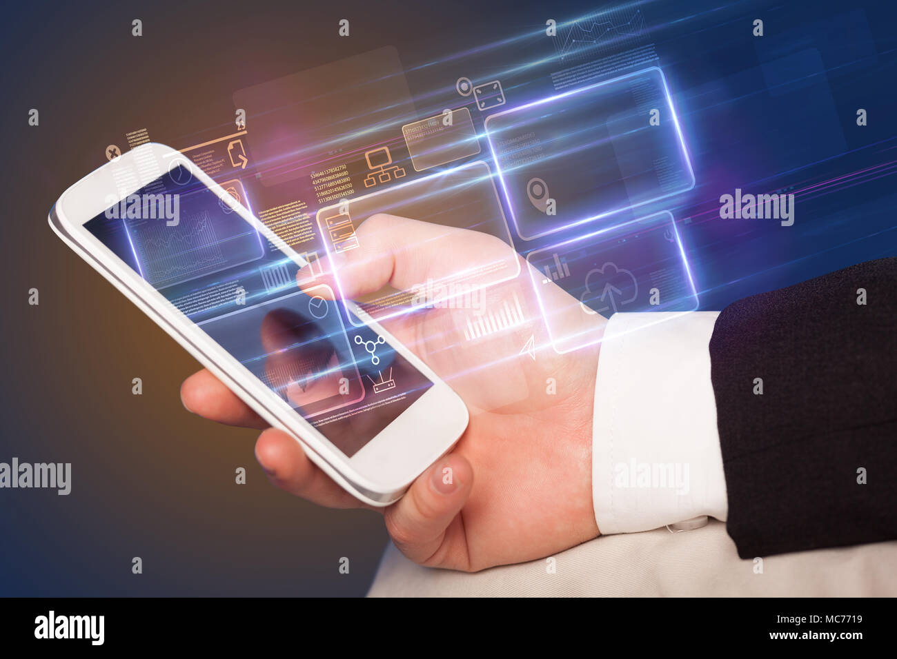 Hand using phone with database reports and online work concept Stock ...