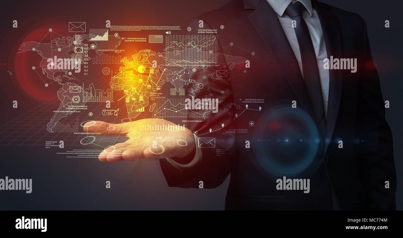 Communicational concept with businessman body and hand in background ...