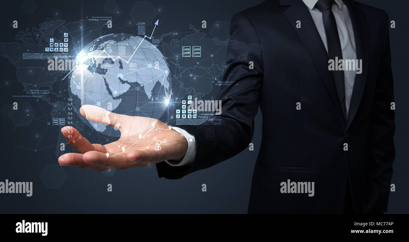 Businessman handing transparent global information flow concept on his ...