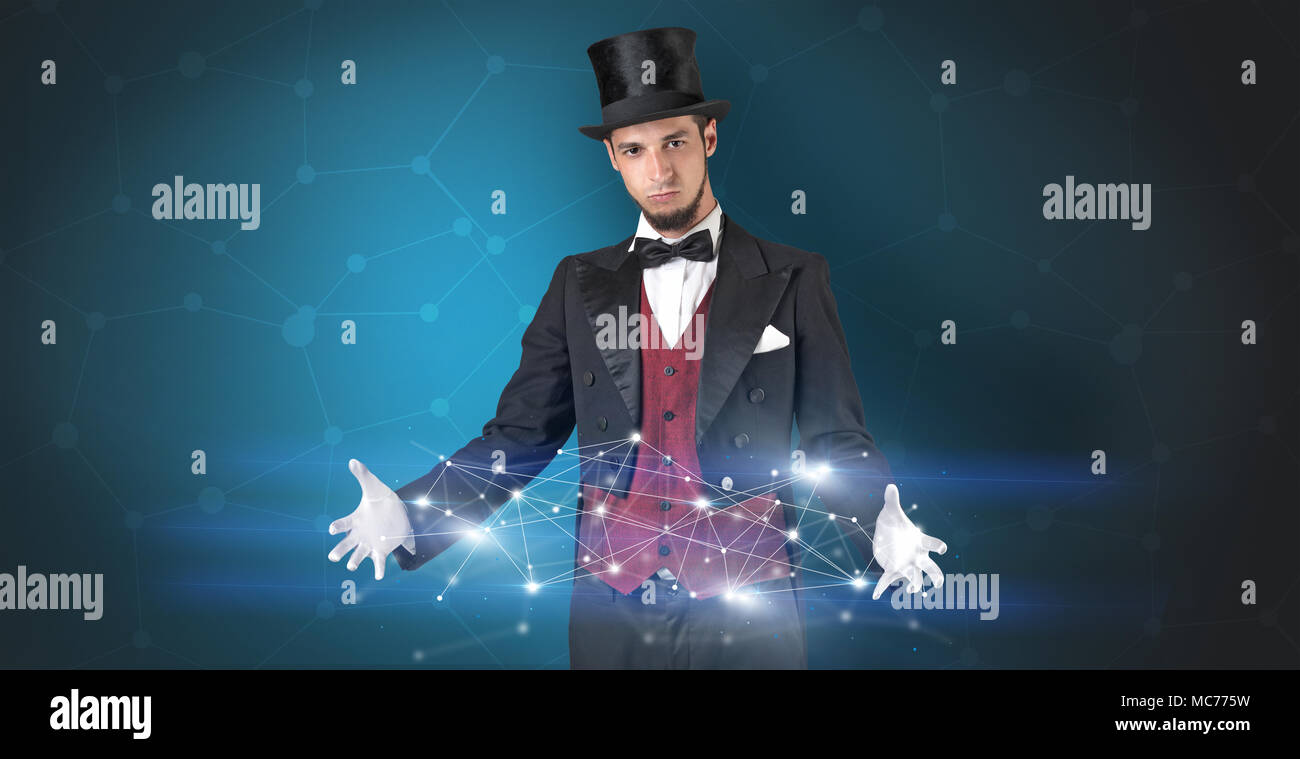 Magician with blue background and geometrical connection between two ...