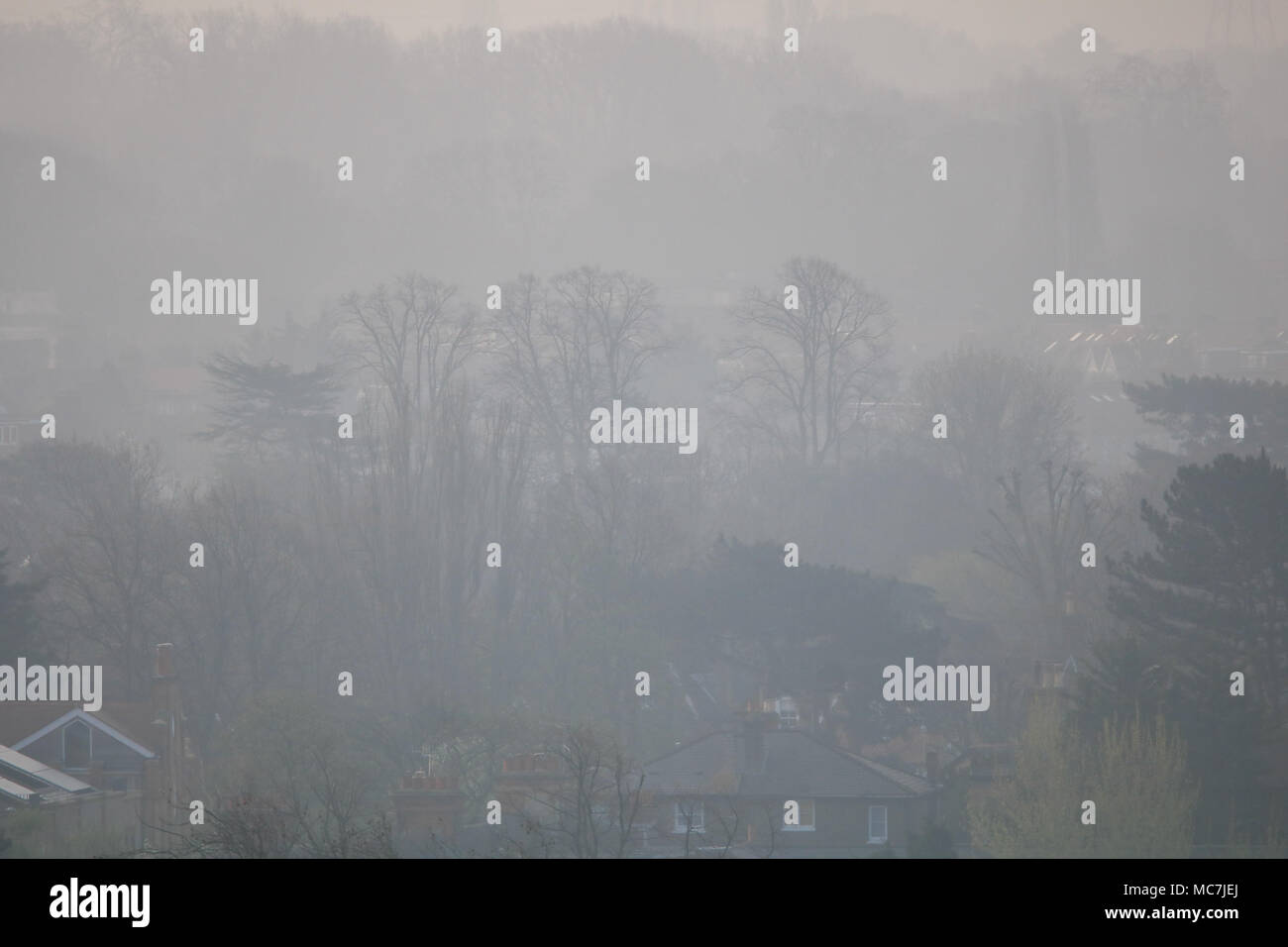 London, UK. 14 April 2018. Wimbledon landscape in SW London is covered ...