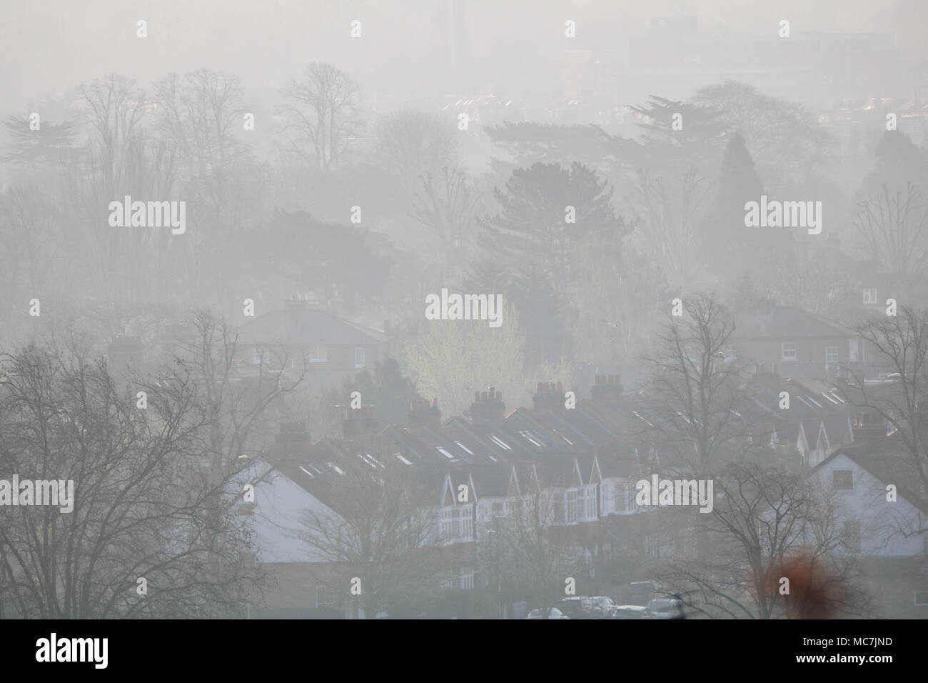 London, UK. 14 April 2018. Wimbledon landscape in SW London is covered ...
