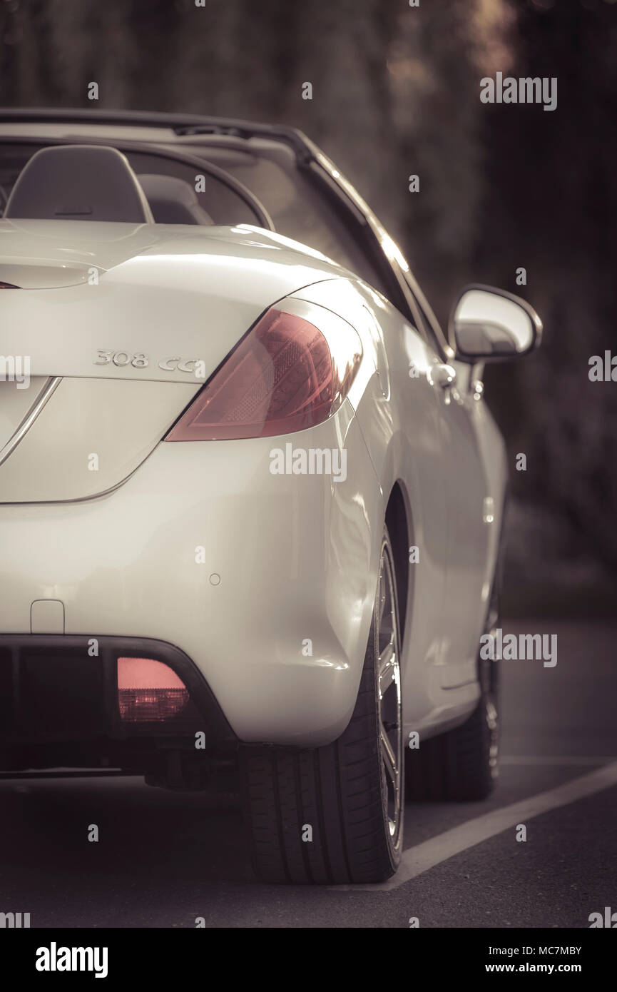 Rear view of a white Peugeot 308cc Roland Garros convertible sports car ...
