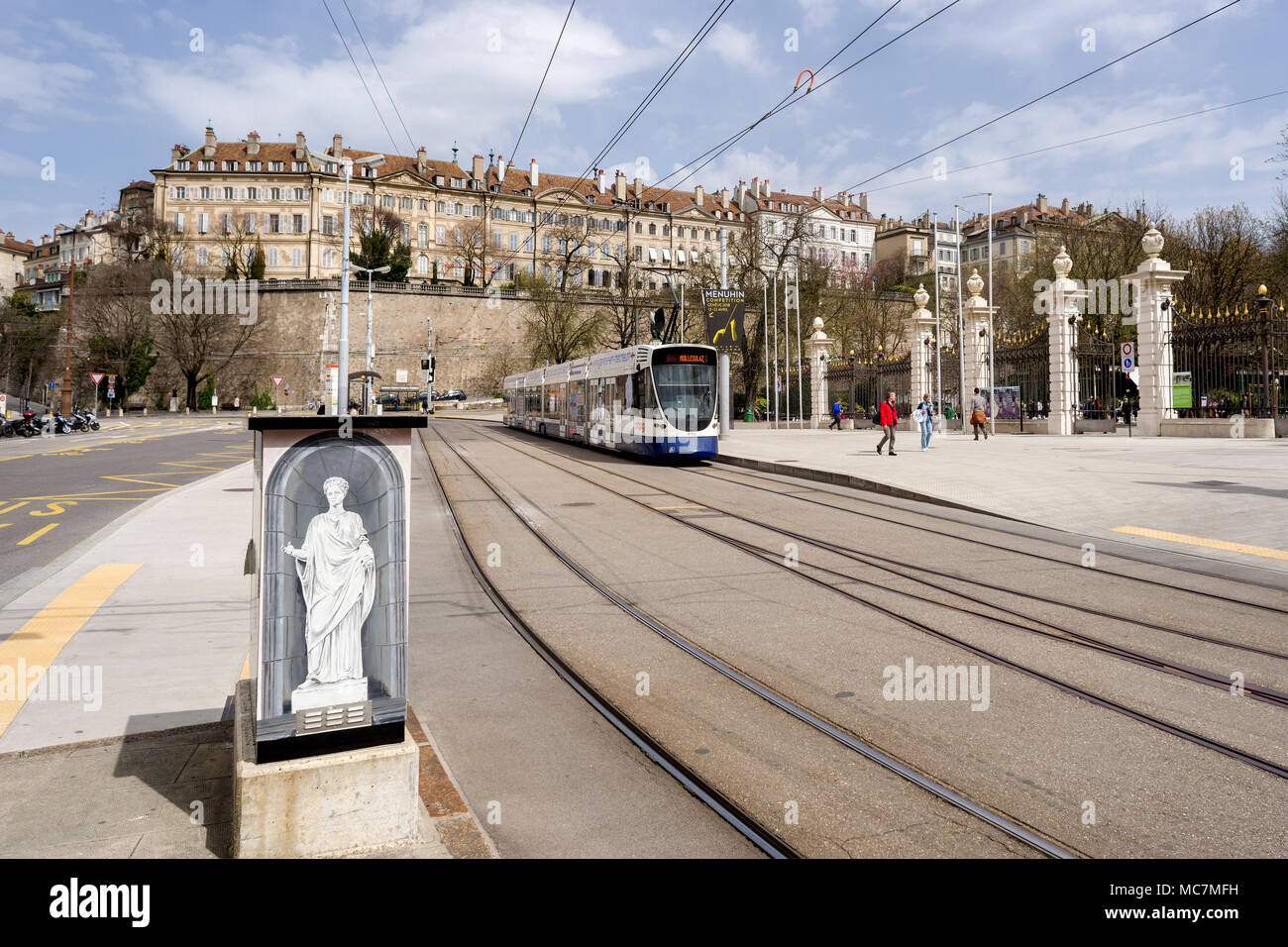 Geneva, Switzerland, the public transport operates trams, trolleybuses ...