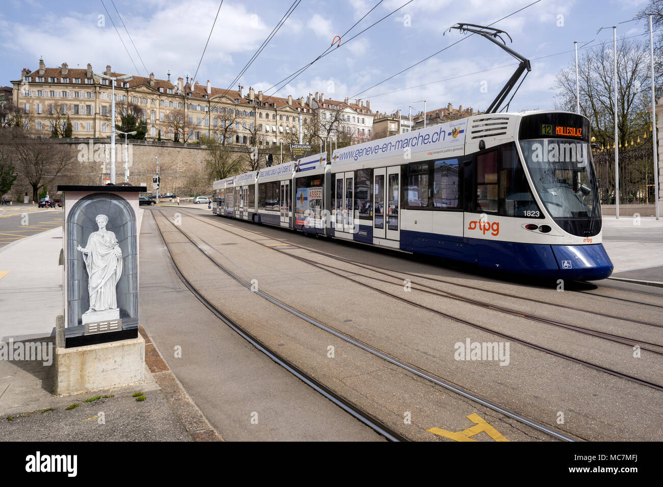 Geneva, Switzerland, the public transport operates trams, trolleybuses ...
