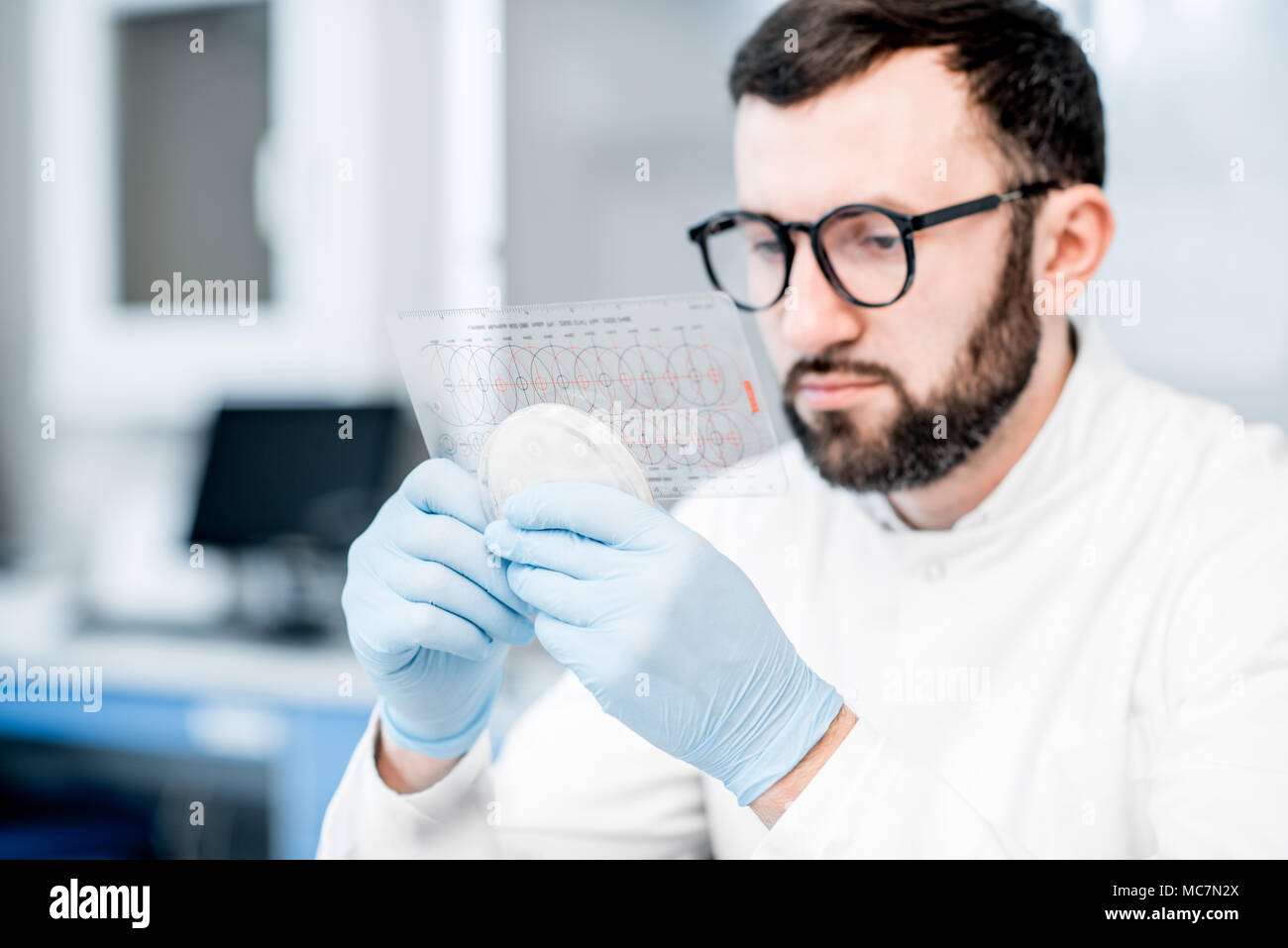 Male laboratory assistant working with bacteria in petri dish in the ...