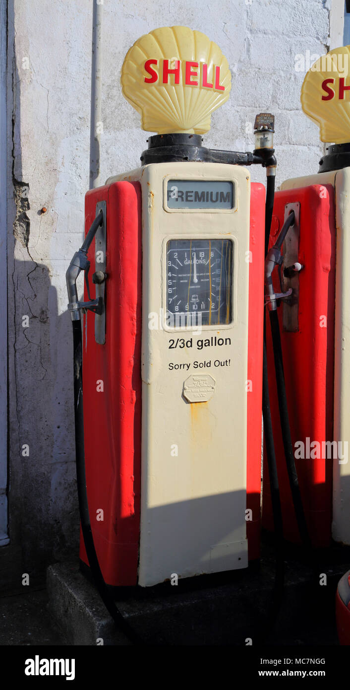 old shell petrol pumps at the garage in St Mawes on the cornish coast ...