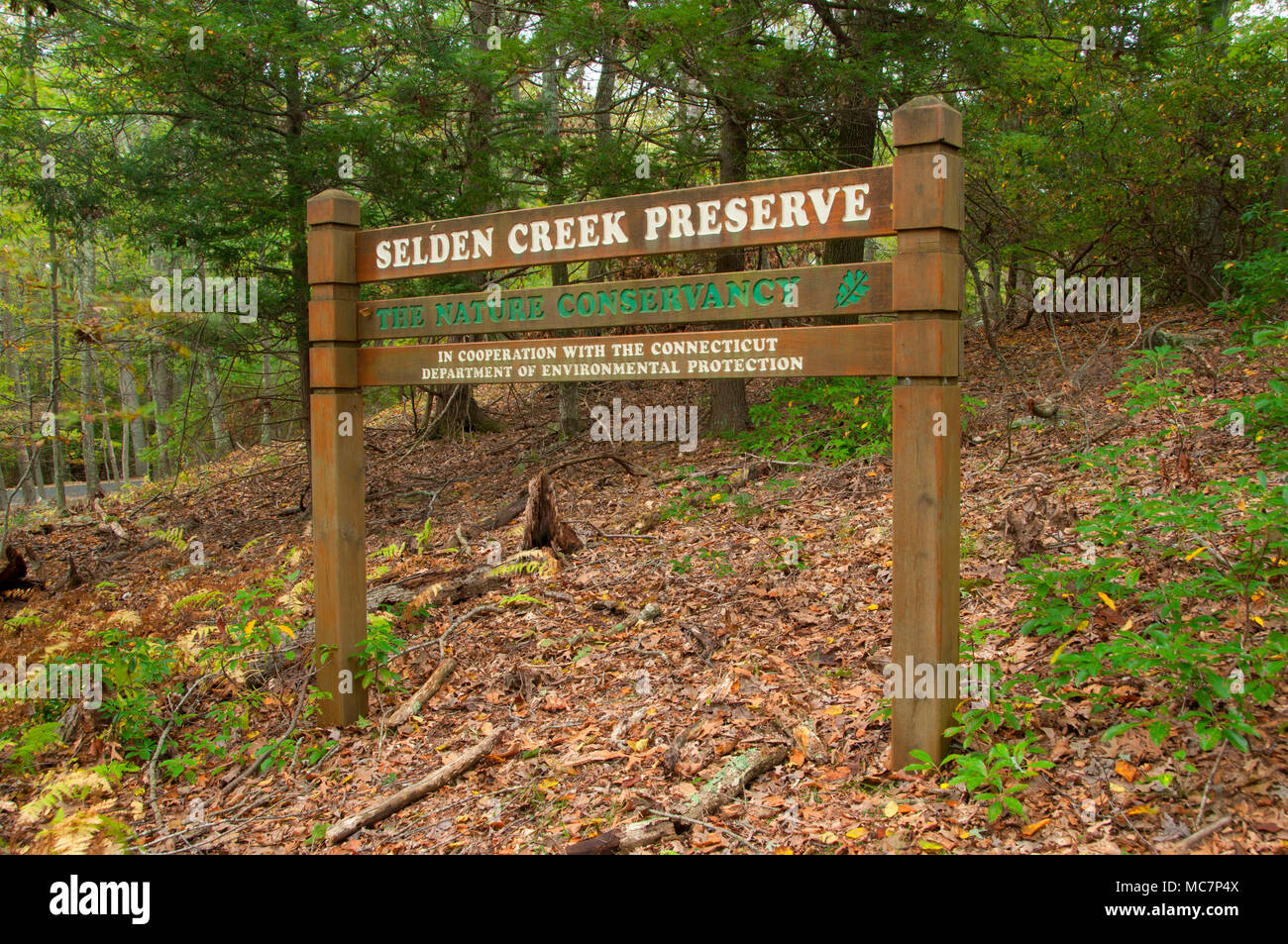 Preserve sign, Selden Neck Preserve, Connecticut Stock Photo - Alamy