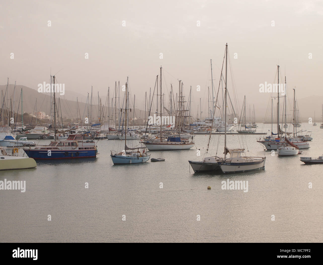Sailboats moored in Mindelo harbour, Sao Vicente island (Cape Verde ...