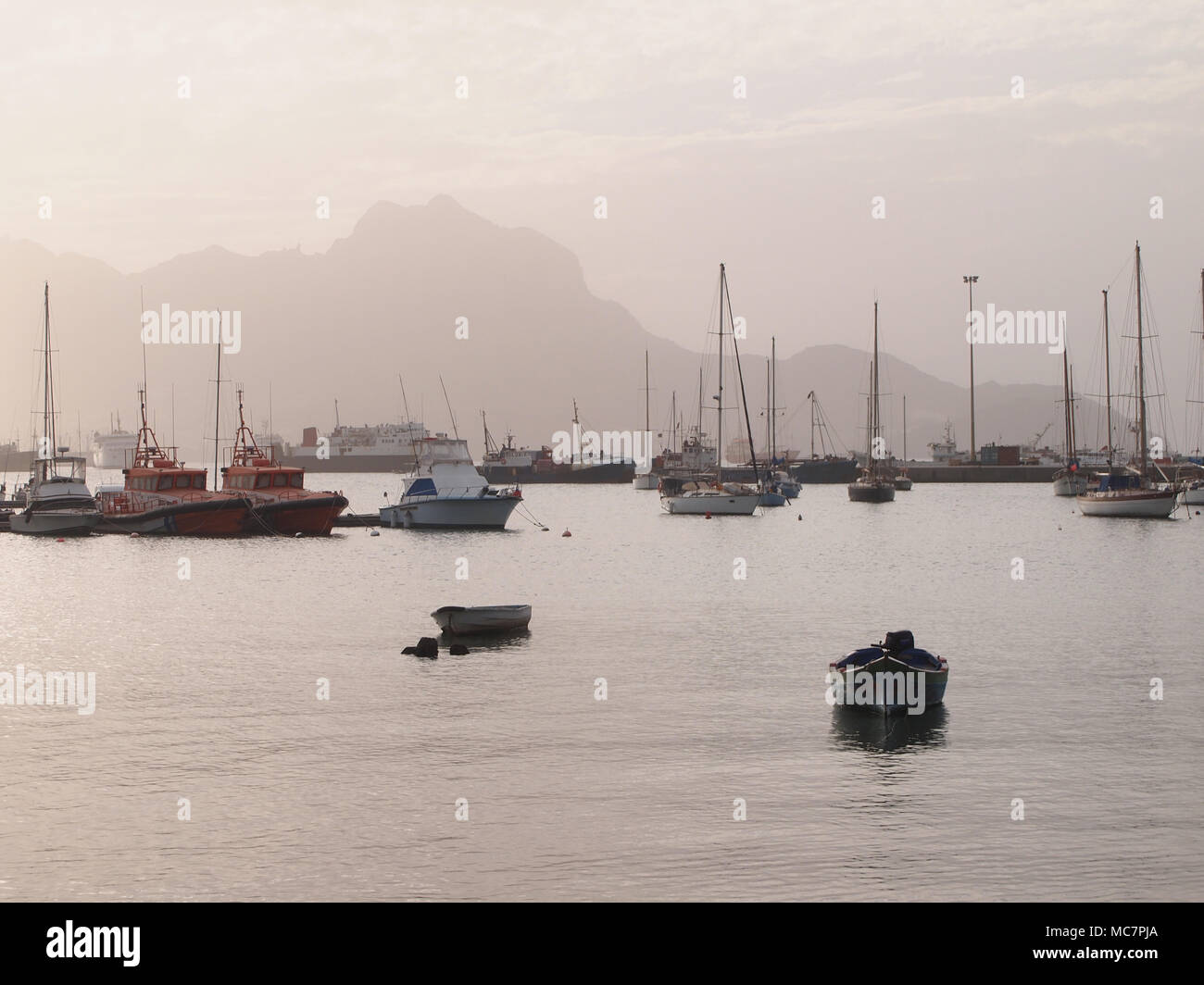 Sailboats moored in Mindelo harbour, Sao Vicente island (Cape Verde ...