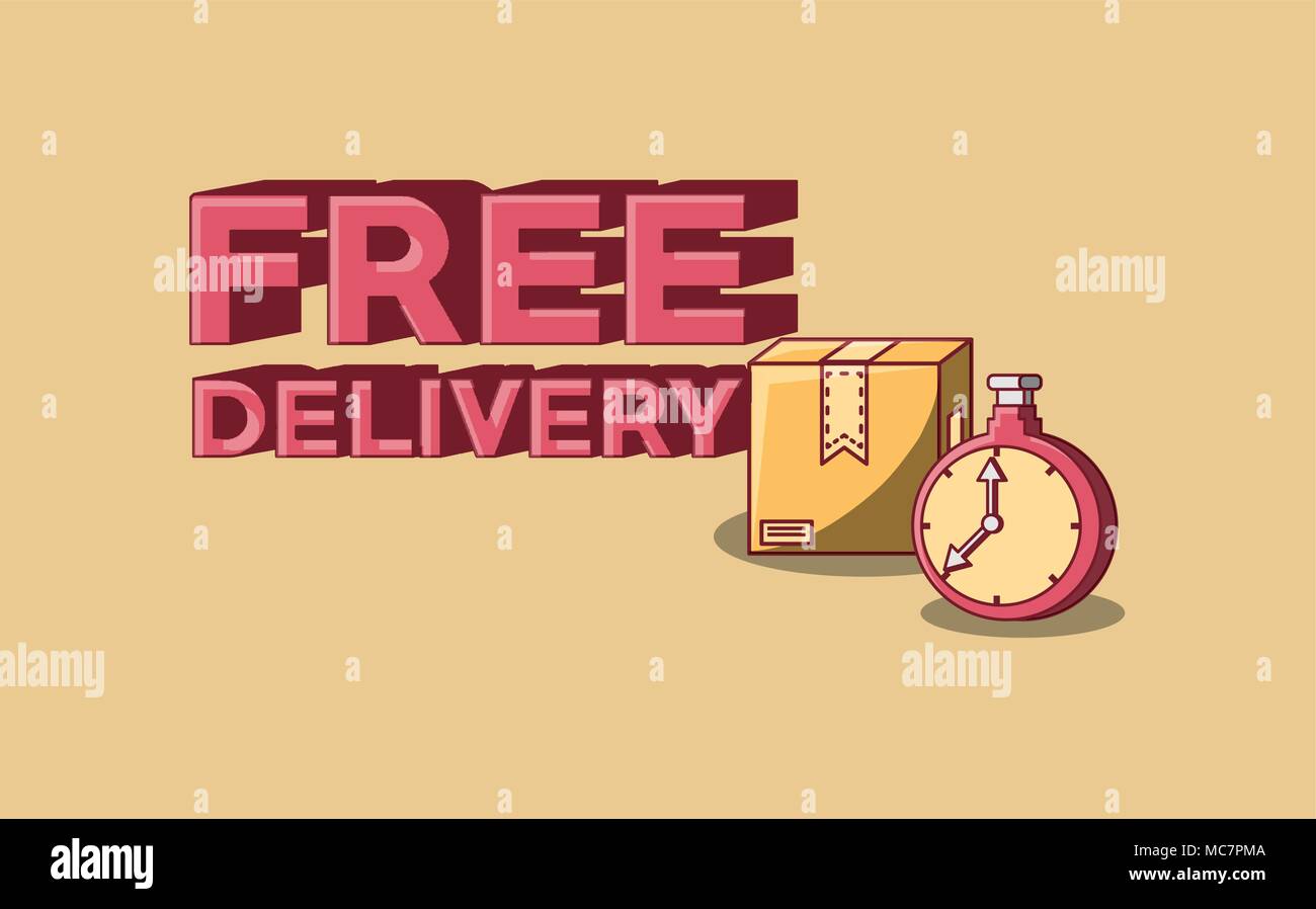 Free delivery emblem with carton box and chronometer over yellow ...