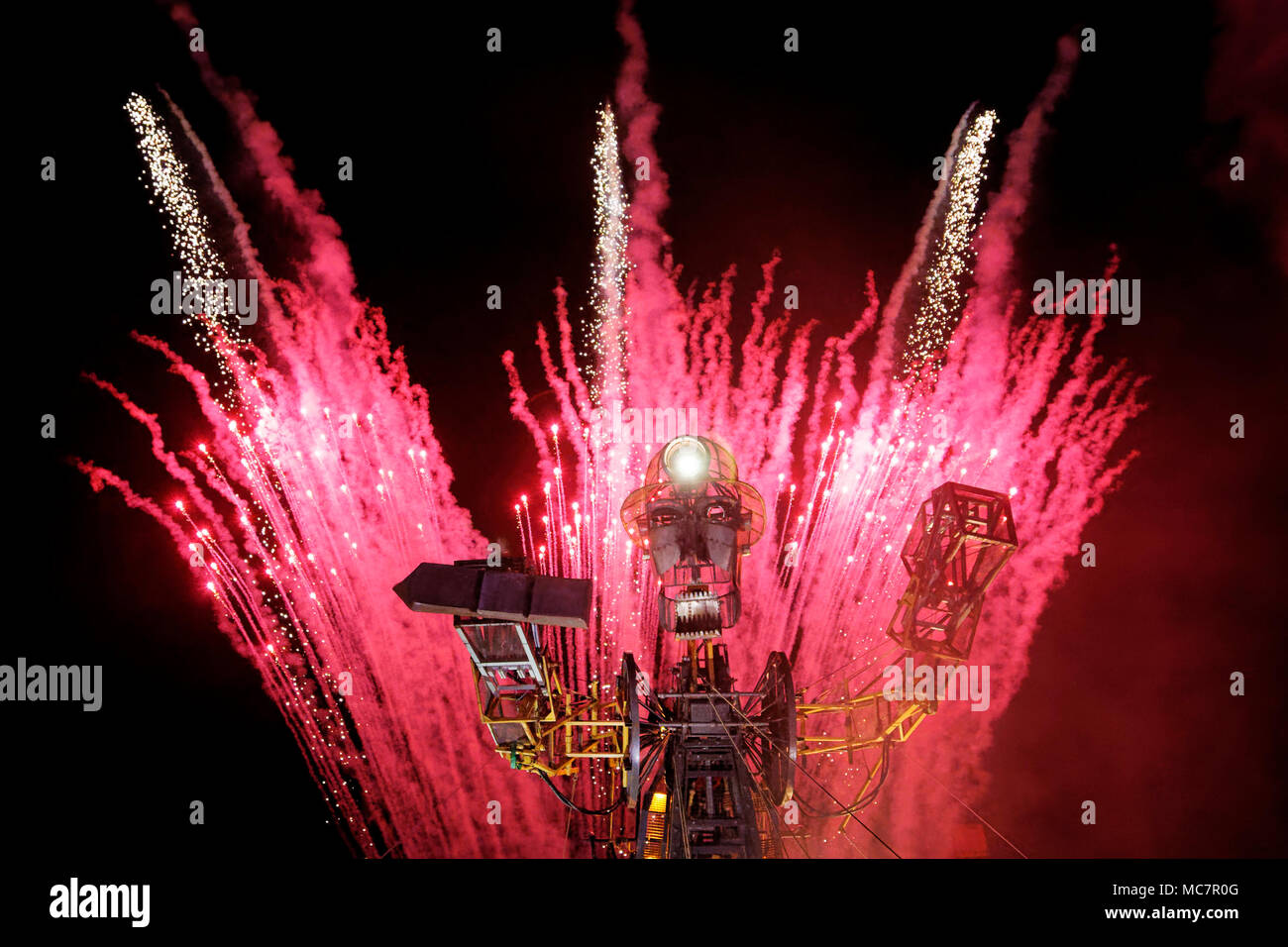 Pictured: Fireworks behind The Man Engine at the Copper Works in Morfa ...