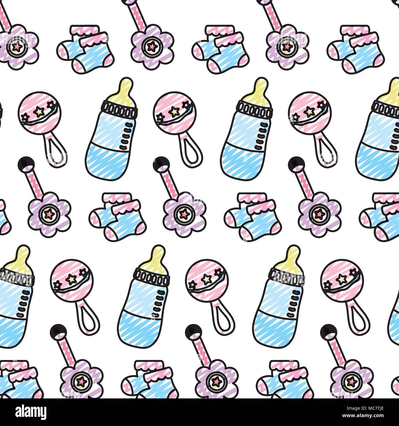 doodle rattles game with sock and feeding bottle background Stock ...