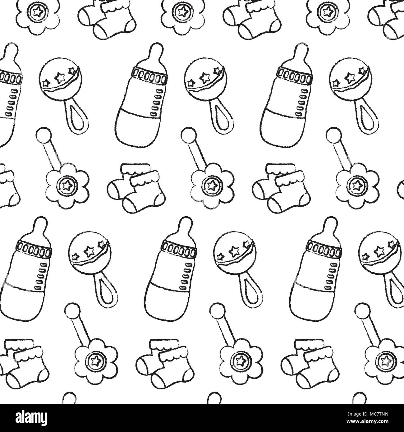 grunge rattles game with sock and feeding bottle background Stock ...