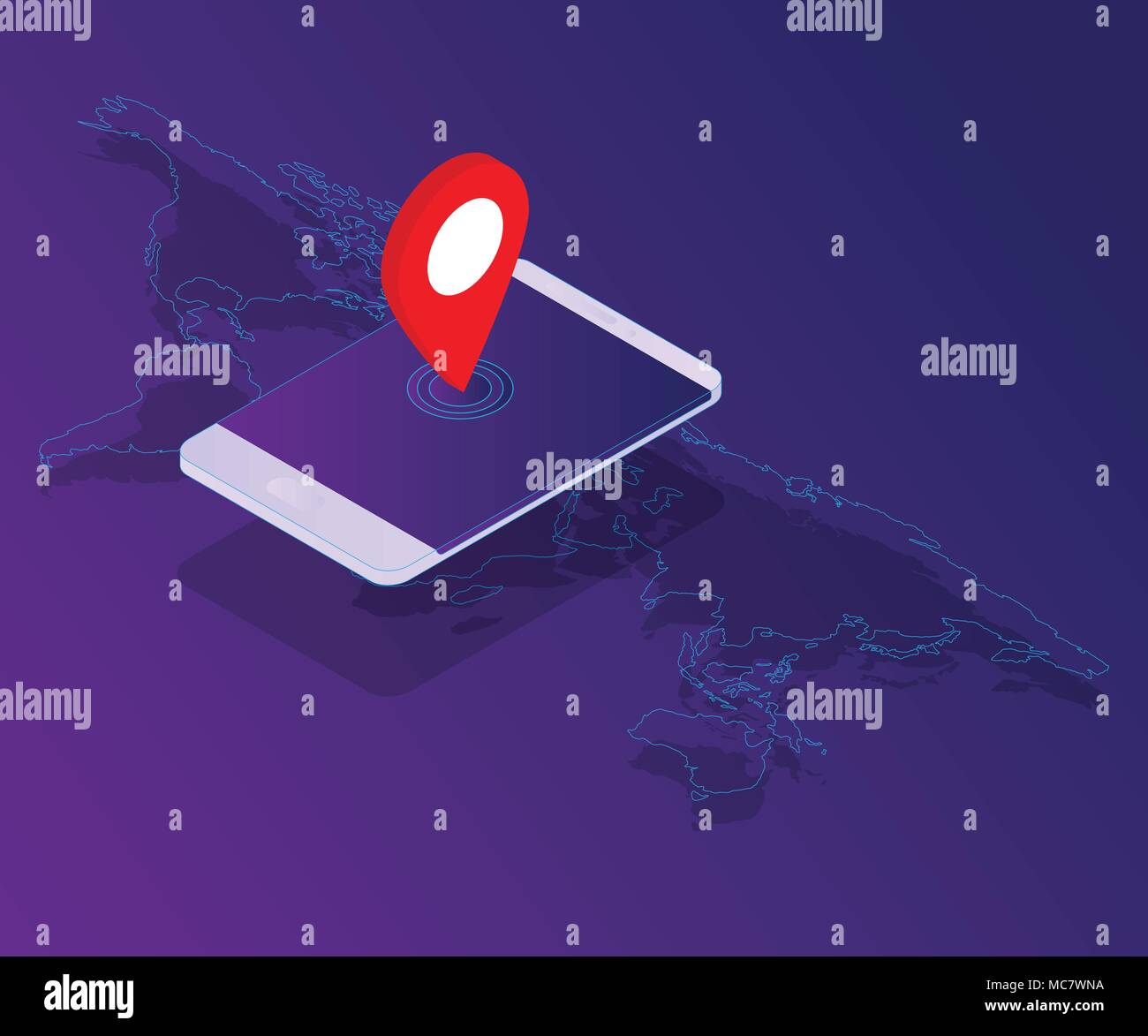 smartphone with red pin location on world map vector isometric ...