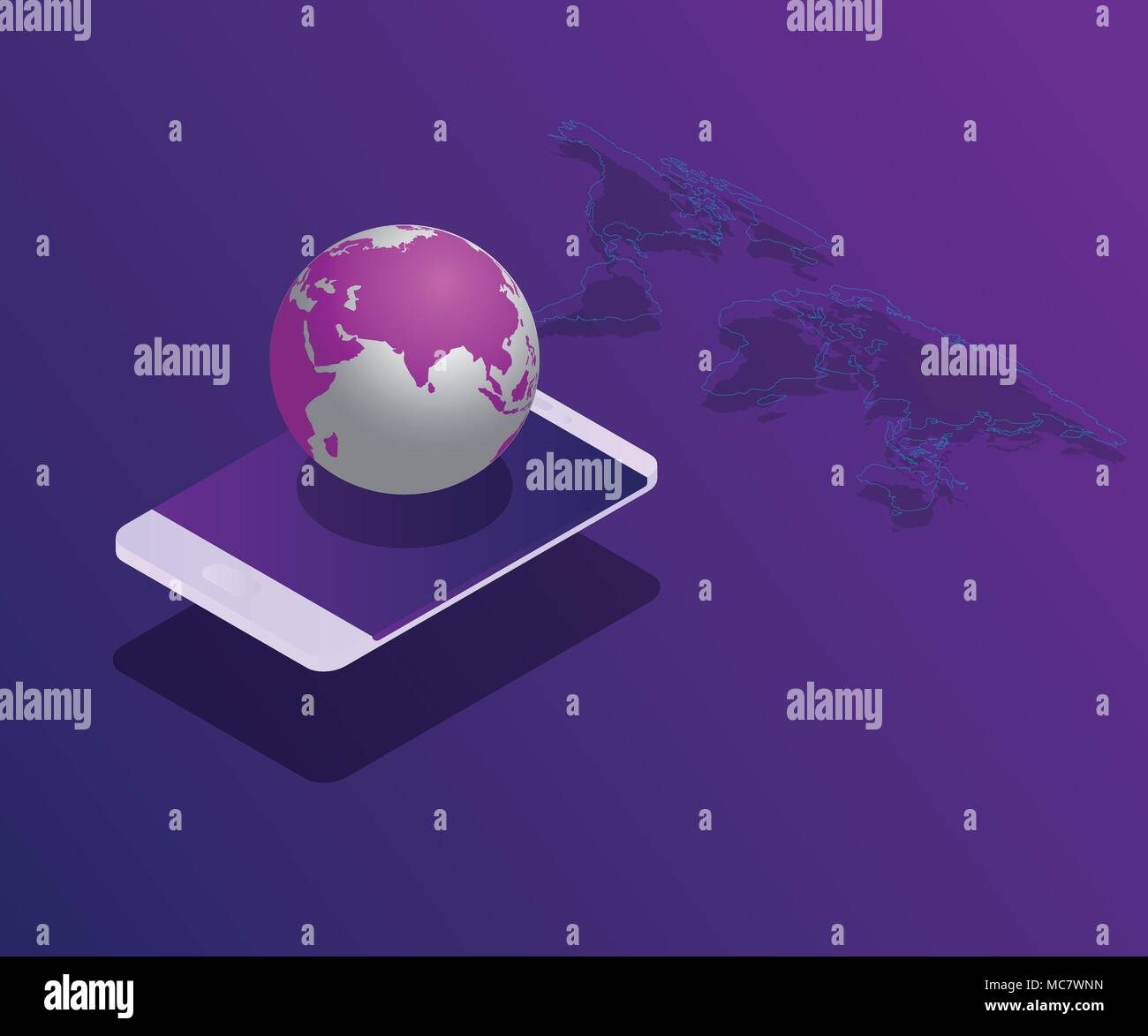 smartphone with world and map vector isometric background Stock Vector ...