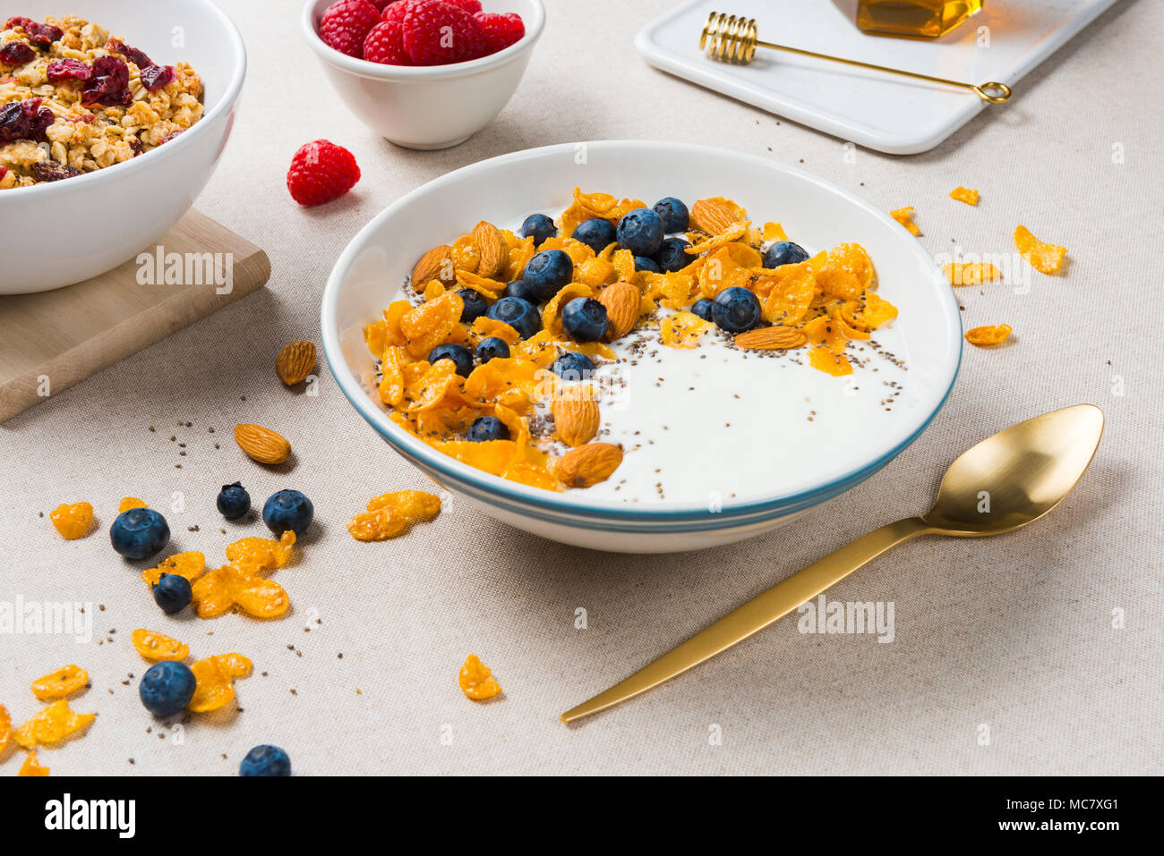 Healthy breakfast. Corn flakes with yogurt, almonds, blueberries ...