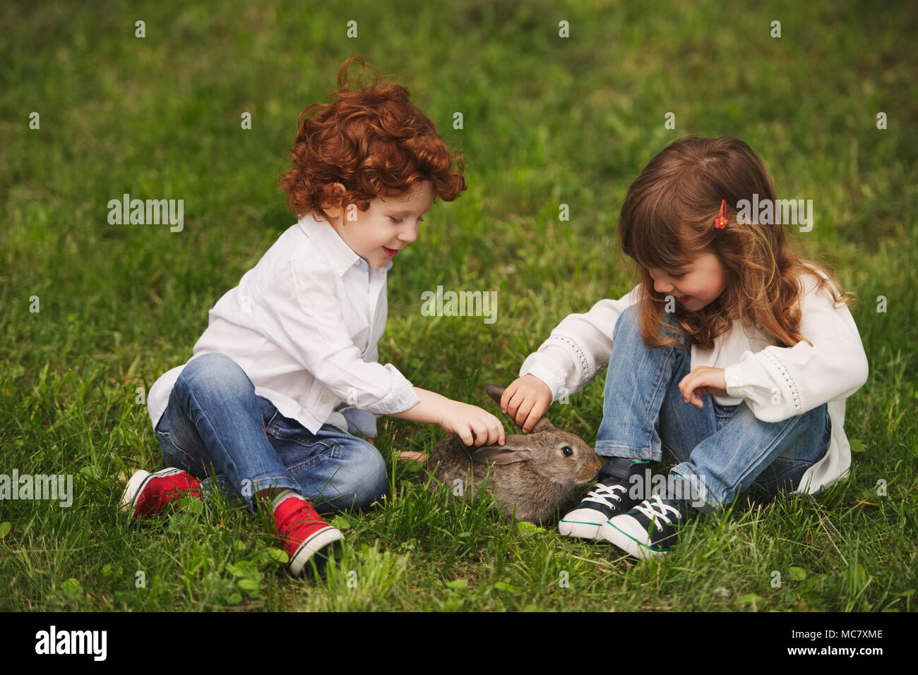 little boy and girl playing with rabbit in park Stock Photo - Alamy