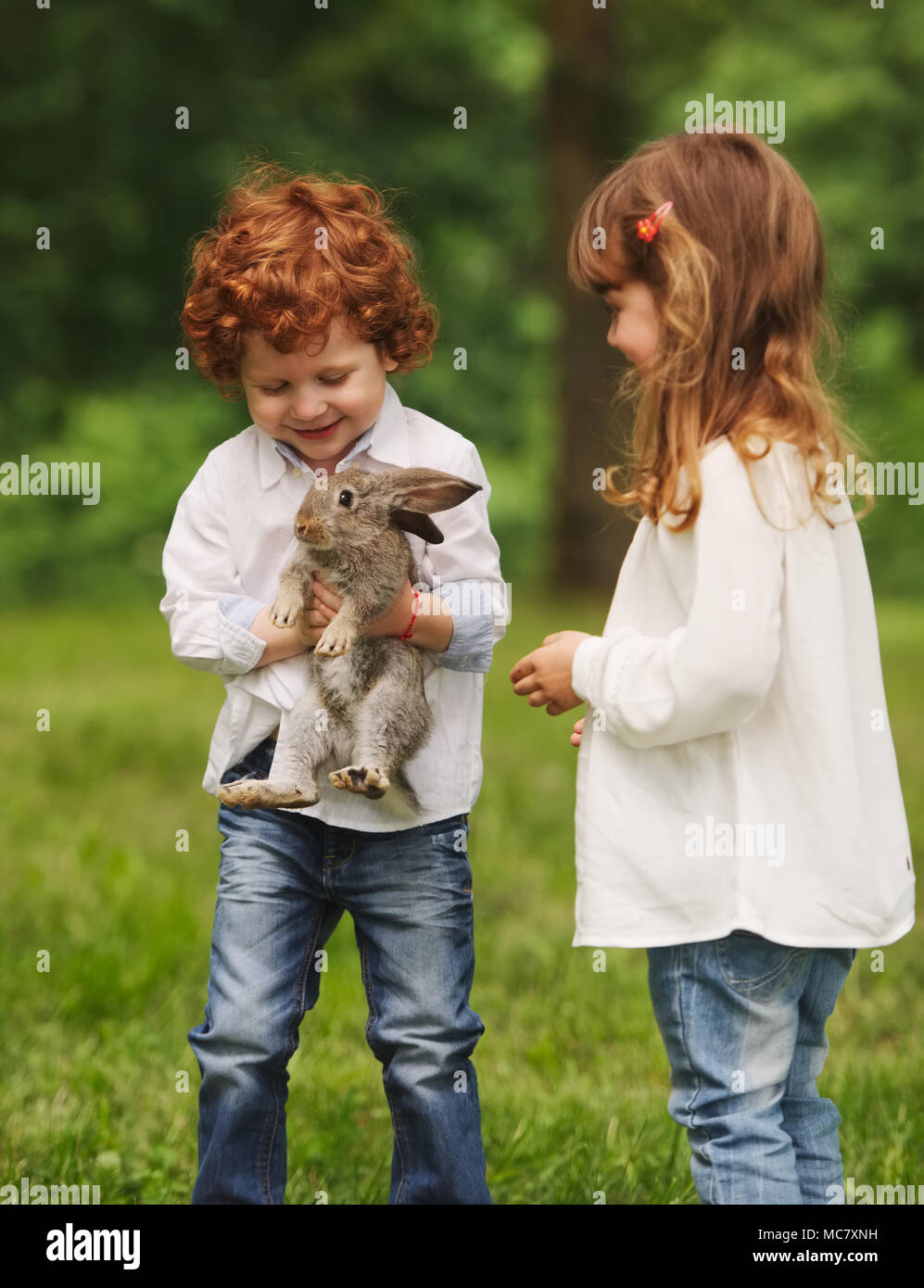 little boy and girl playing with rabbit in park Stock Photo - Alamy