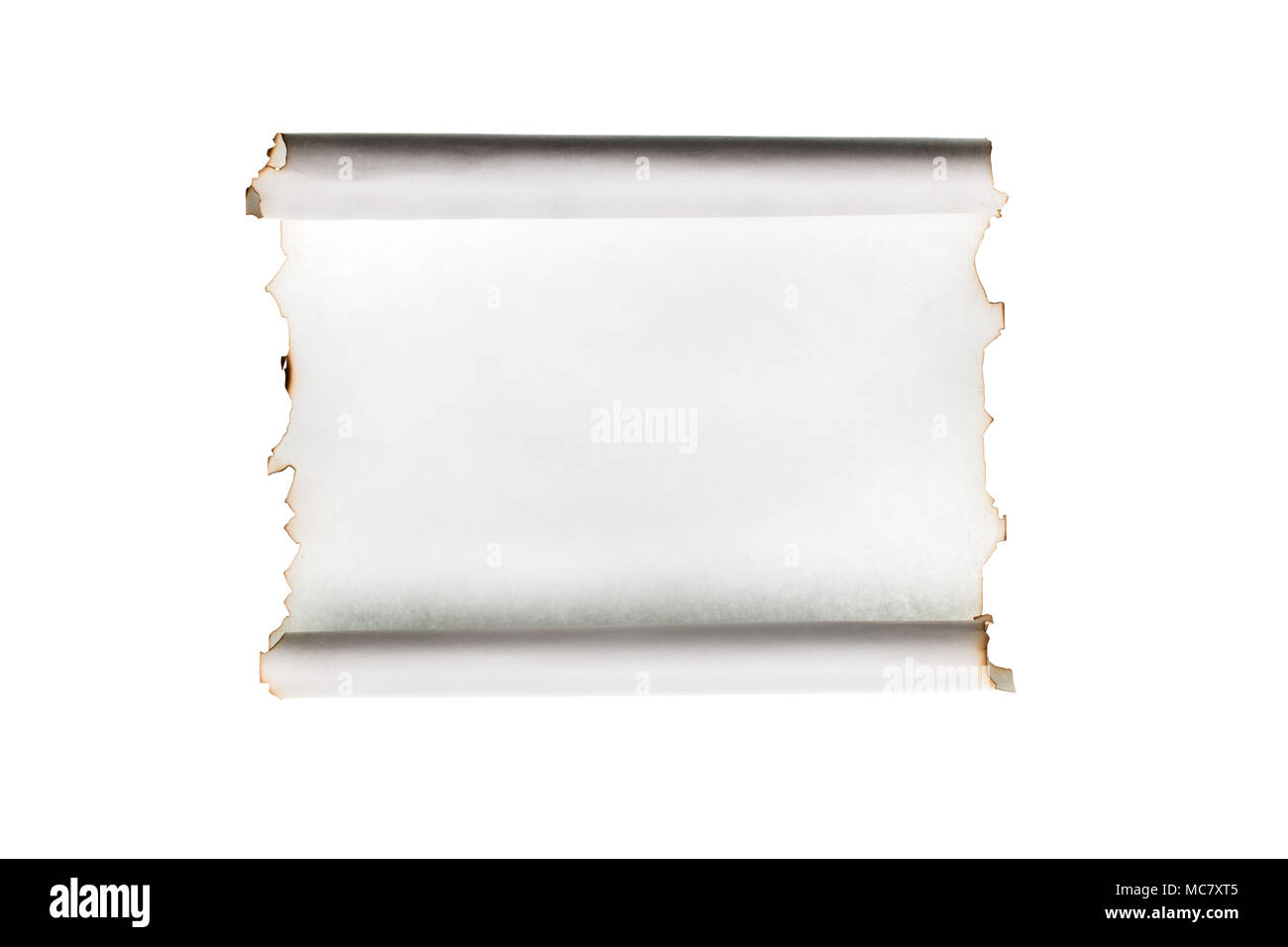 Rolled-up piece of paper with the scorched edges. Isolated on white ...