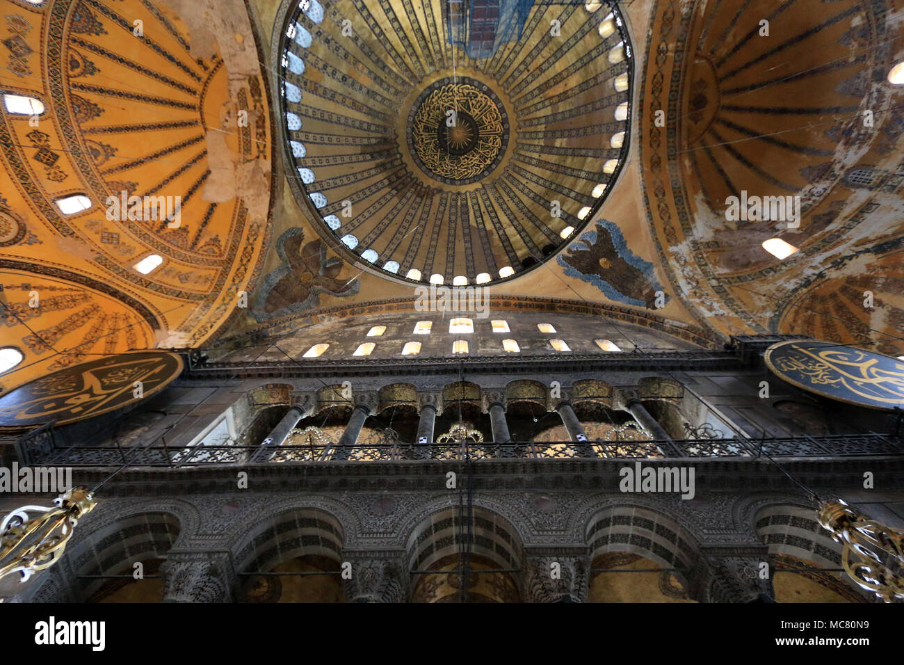 Interior view of the ornate ceiling of the cupola dome Hagia Sophia in ...
