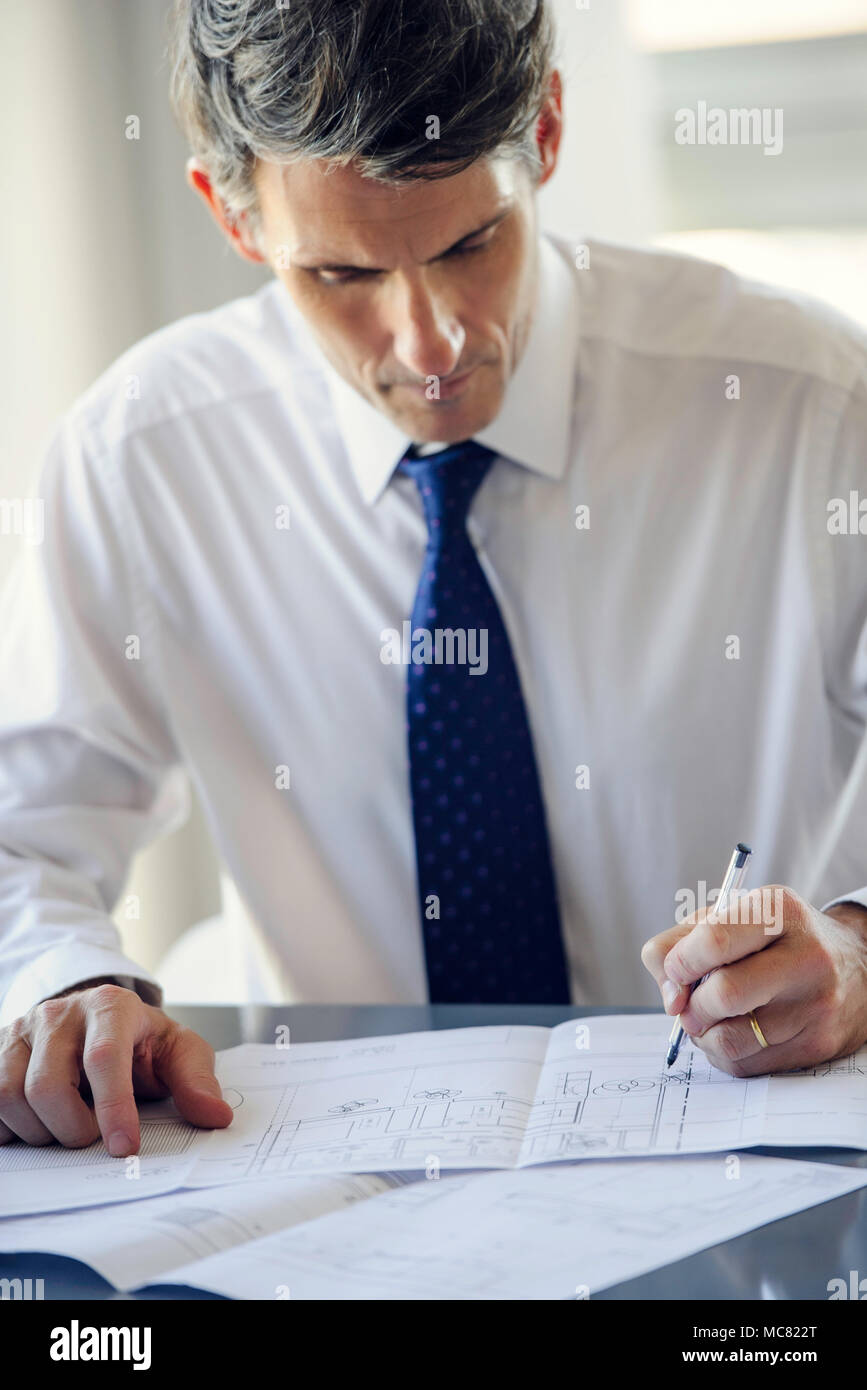 Man working with blueprints Stock Photo - Alamy