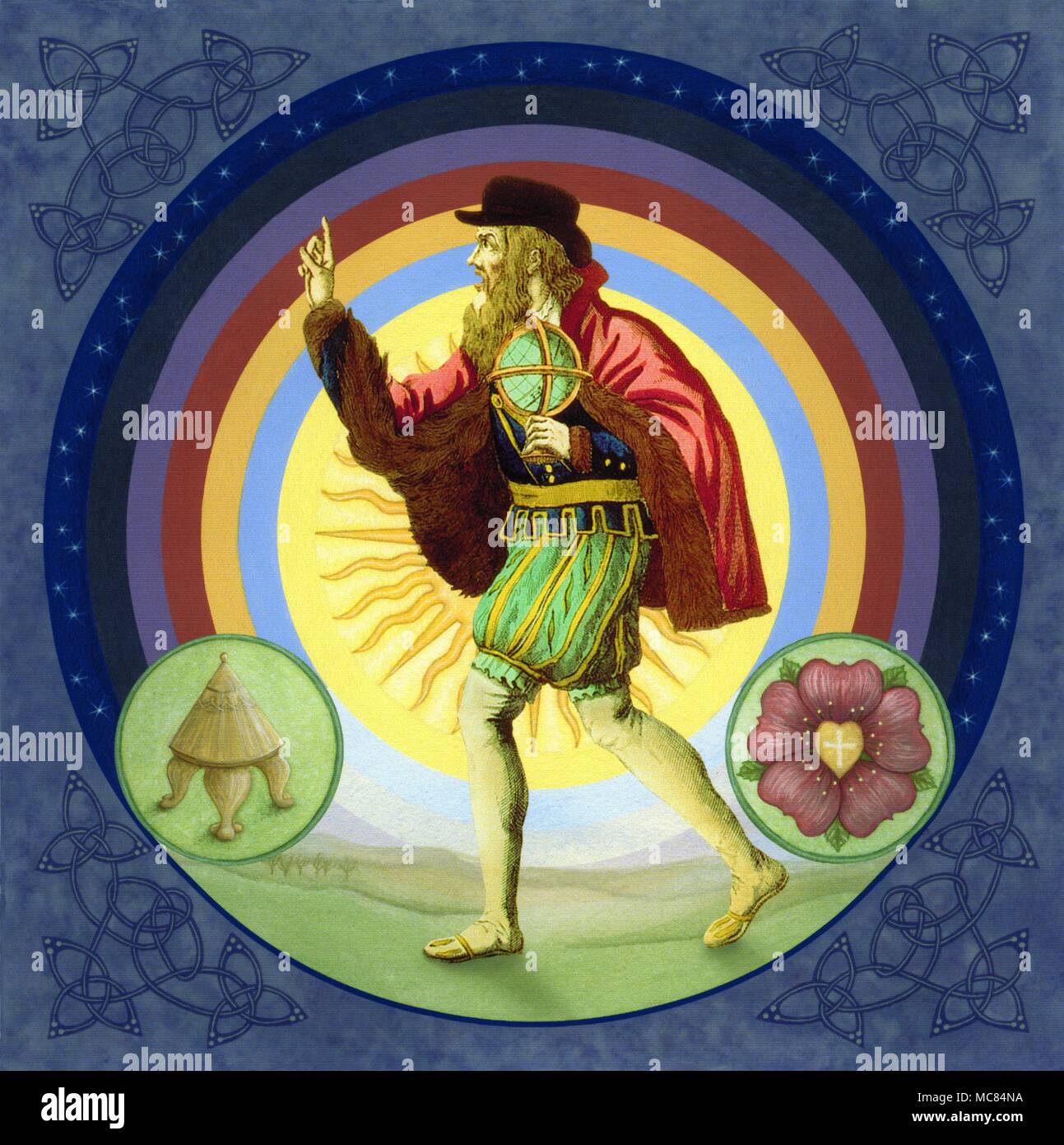 Nostradamus portrayed within the celestial orbs, alongside various ...