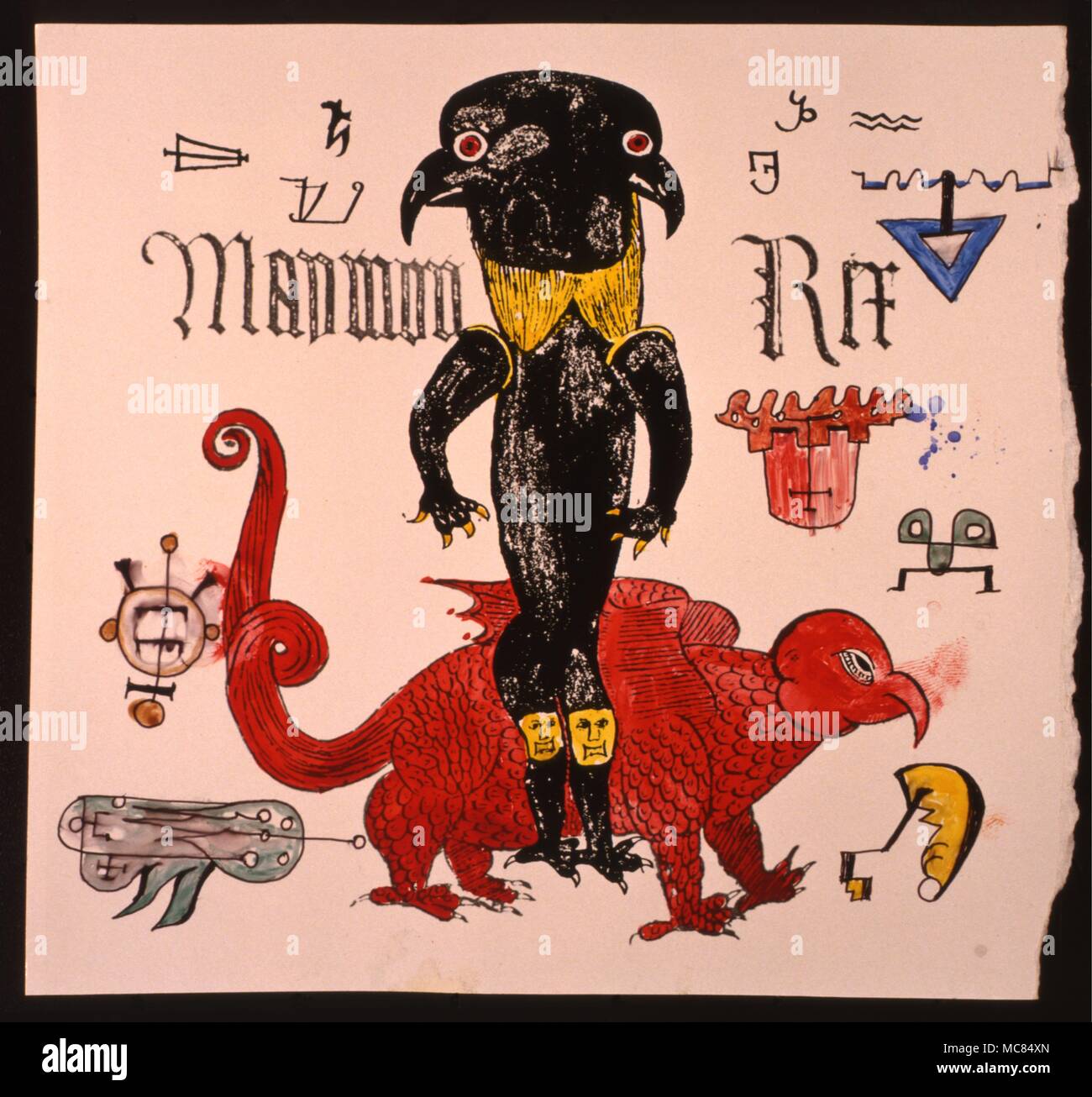 Maymon 'the King' of demons, depicted with two avian heads, surrounded ...
