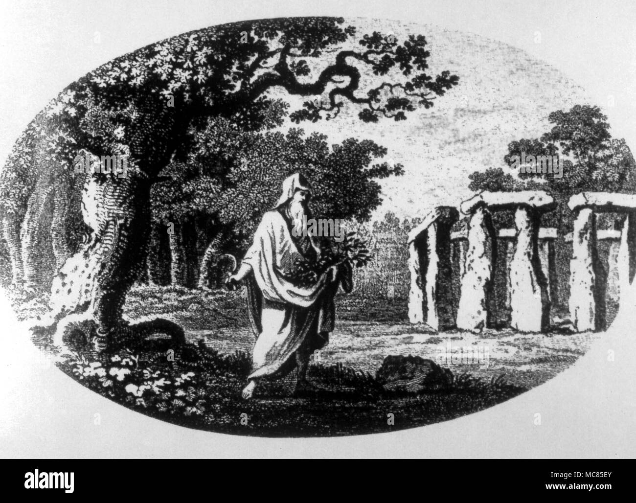 Druid in oak grove, with sickle, mistletoe and Stonehenge. From the ...