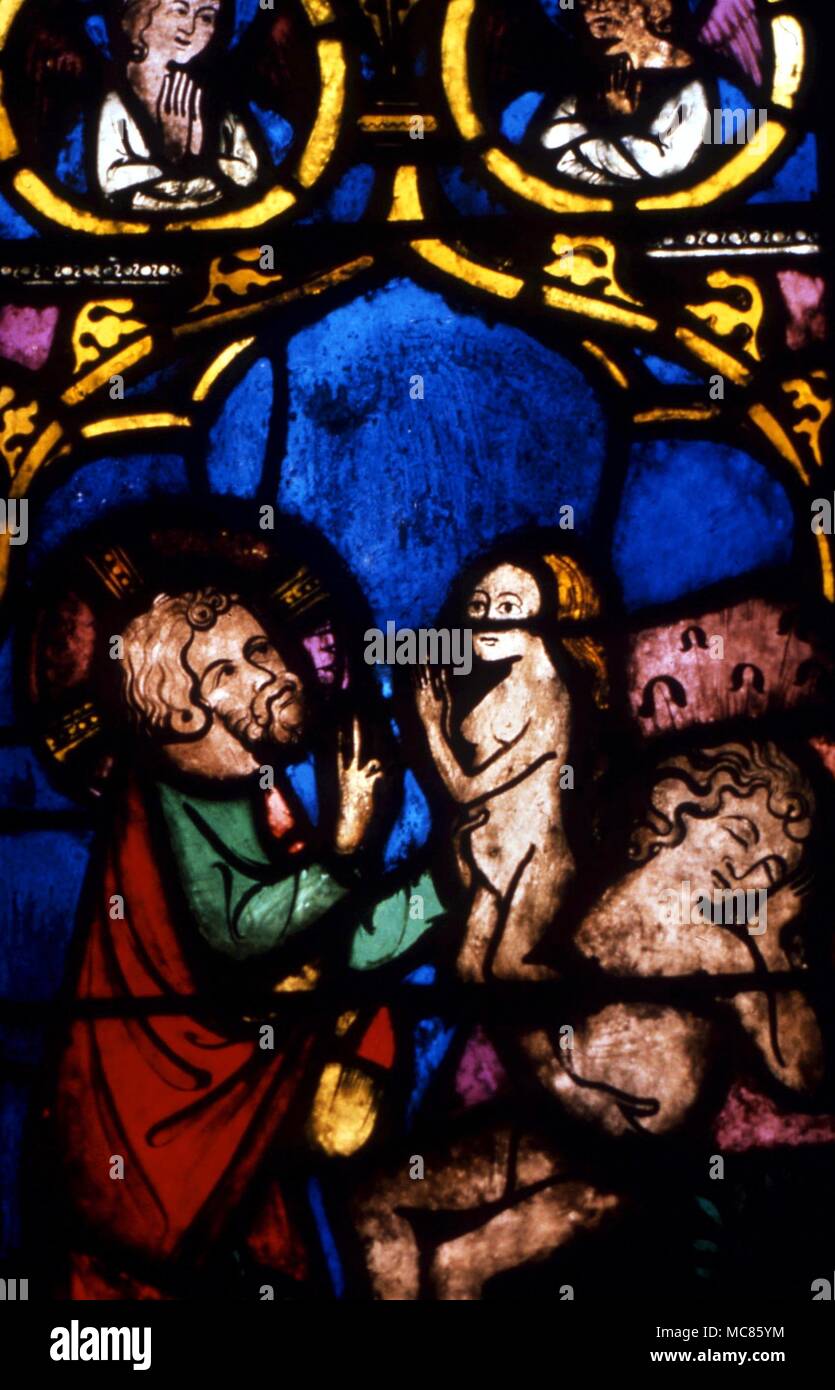 CHRISTIAN Creation of Eve. Stained glass window, image of the creation ...