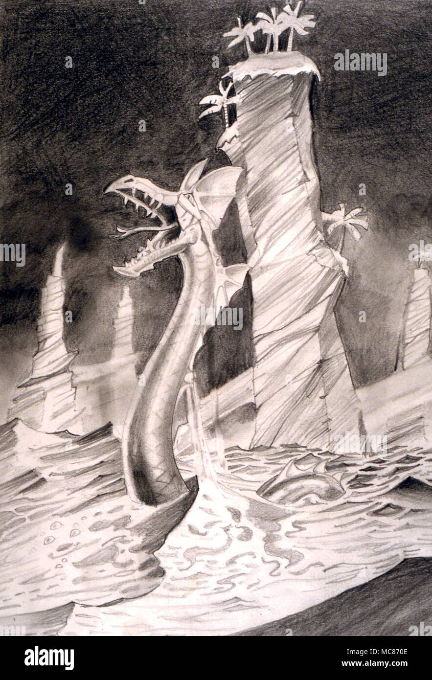 MONSTERS - Sea monster swimming among curious pillar-like islands. 'Sea ...