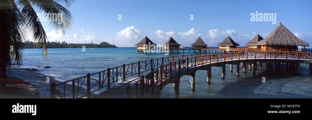 TROPICAL ISLANDS French Polynesia. Beach at Rangiroa. tourist complex ...