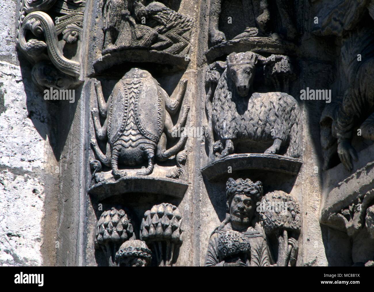 Chartres Zodiacs details of images of Aries and Cancer on the zodiacal ...